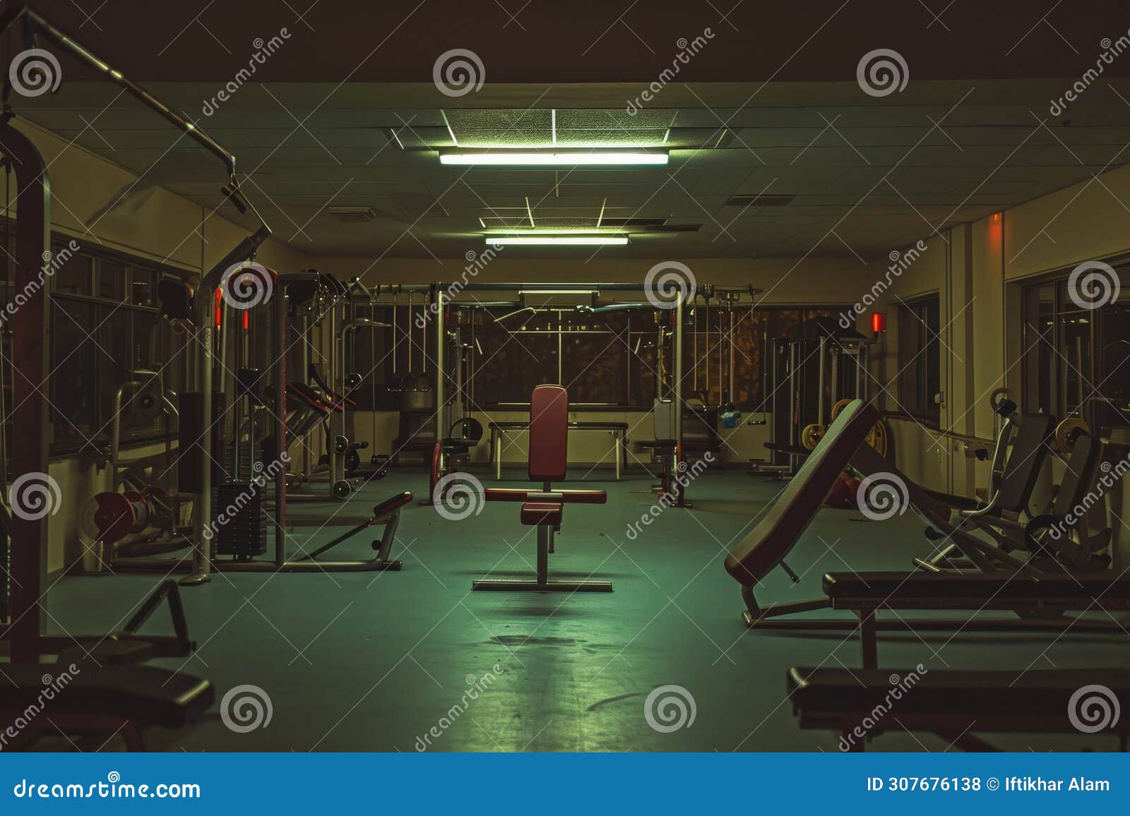 A Dimly Lit Gym Featuring a Row of Exercise Benches Ready for a Workout ...
