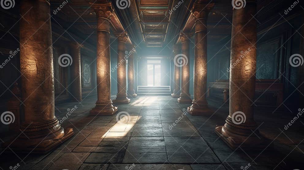 A Dimly Lit Hallway with Columns and a Bench in the Center Stock Image ...