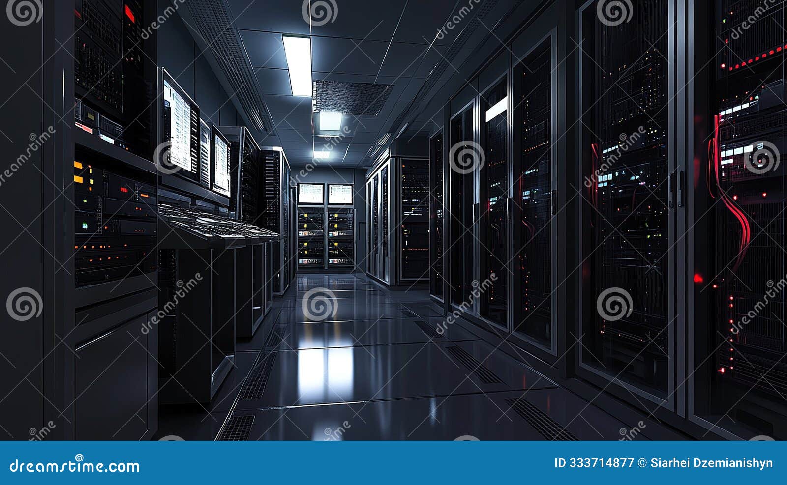 A Dimly Lit Hallway Filled with Rows of Servers in a Data Center at ...