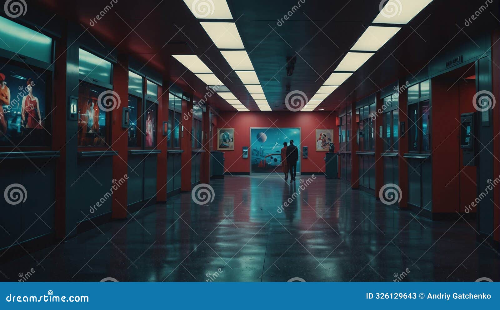 Dimly Lit Hallway with Illuminated Display Windows and Futuristic ...