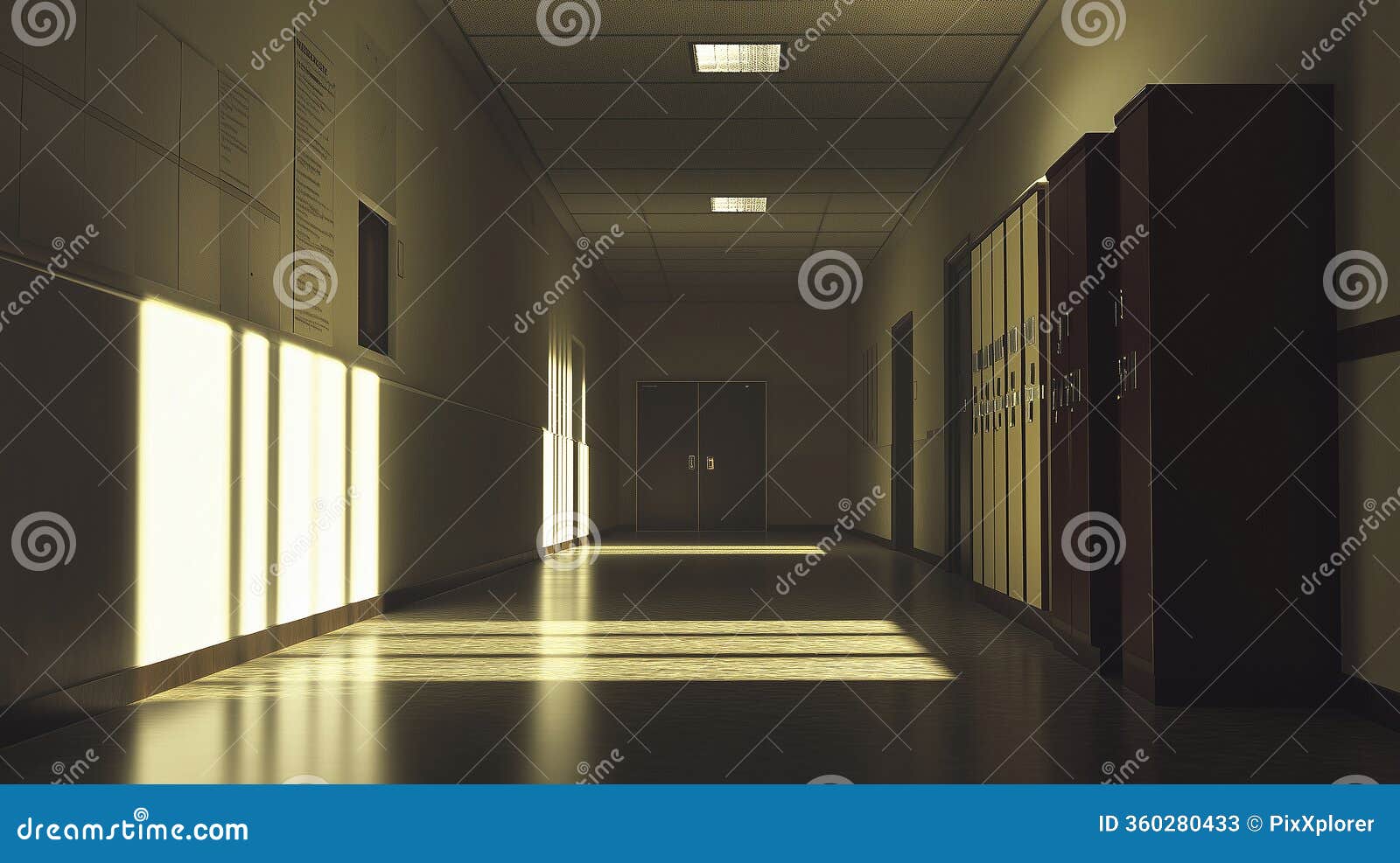 Dimly Lit Hallway With Lockers Lining The Right Wall Royalty-Free Stock ...
