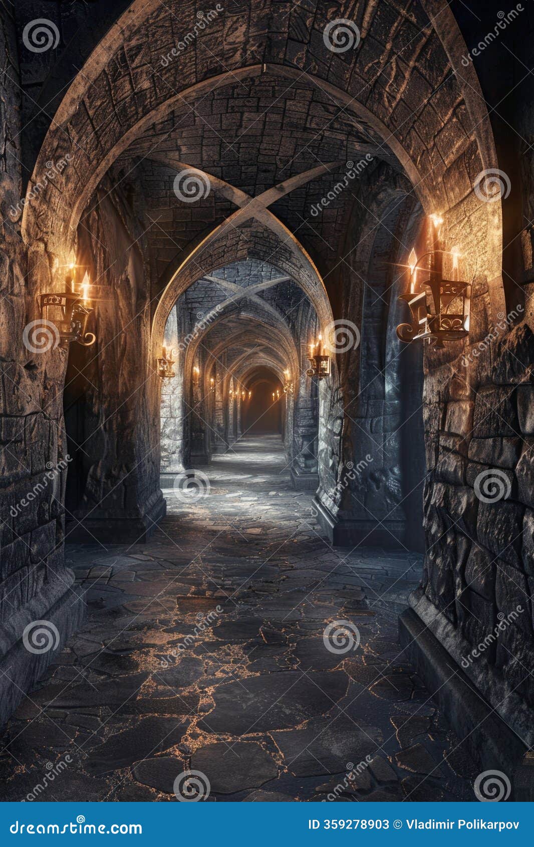 A Dimly Lit Hallway in a Medieval-style Castle with Stone Walls Stock ...