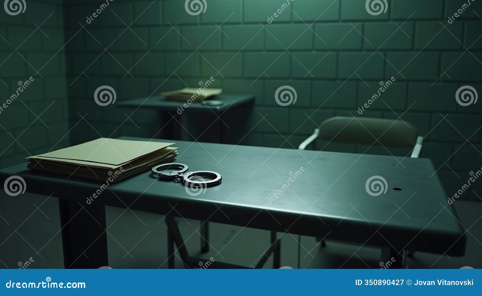 Dimly Lit Interrogation Room with Handcuffs and Case Folders on Table ...