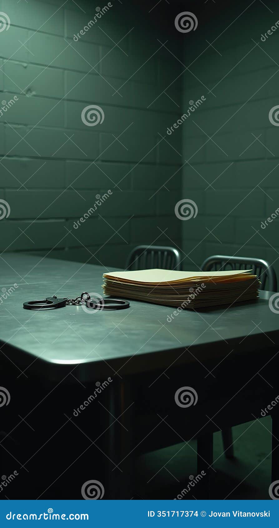 Dimly Lit Interrogation Room with Handcuffs and Stacked Folders on ...