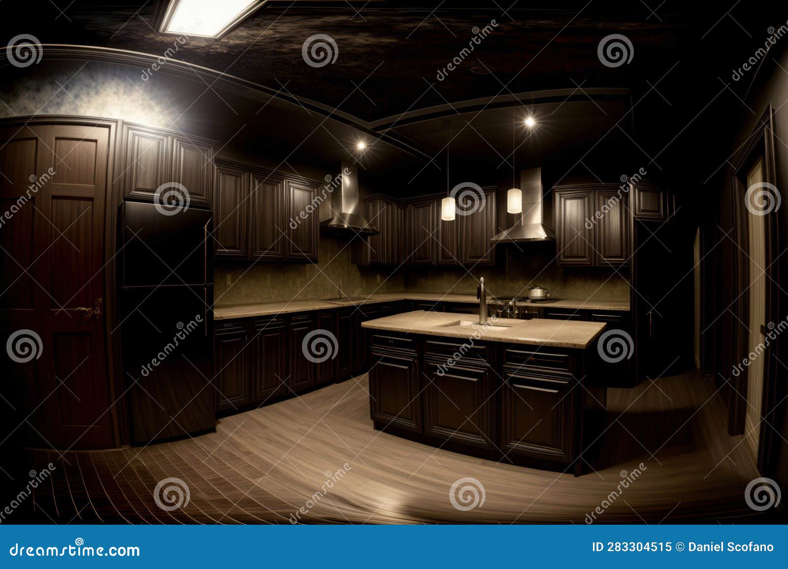 A Dimly Lit Kitchen with Dark Wood Cabinets. Generative AI Stock ... A Dimly Lit Kitchen with Dark Wood Cabinets. Generative AI Stock ...