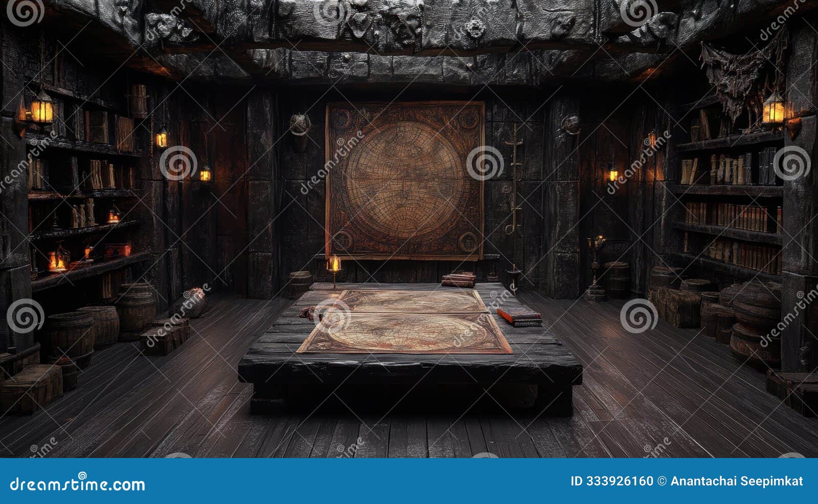 A Dimly Lit Library Featuring Ancient Maps on a Large Table and Wall ...