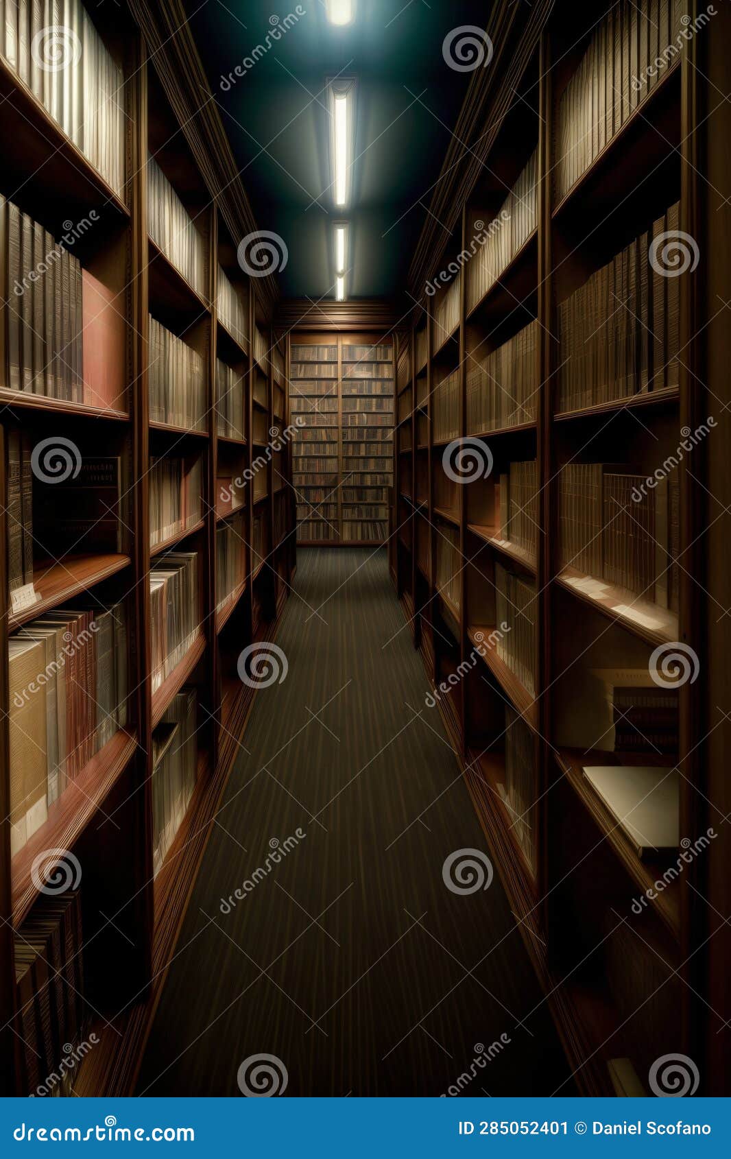 A Dimly Lit Library Filled with Lots of Books. Generative AI Stock ...