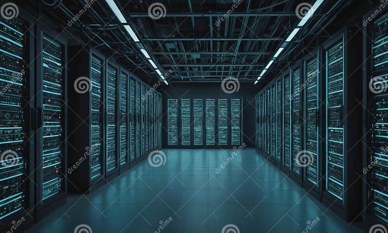 Dimly Lit, Long Corridor with Rows Computer Servers on Either Side ...