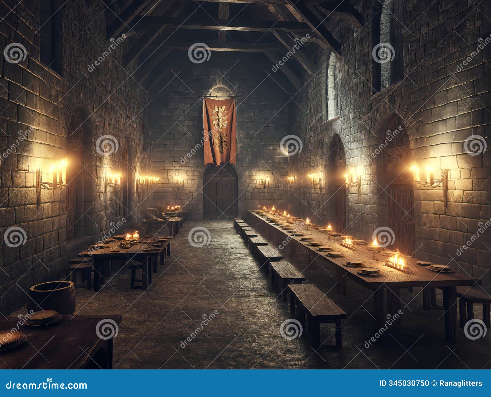 Dimly Lit Medieval Dining Hall with Long Table and Benches Stock ...