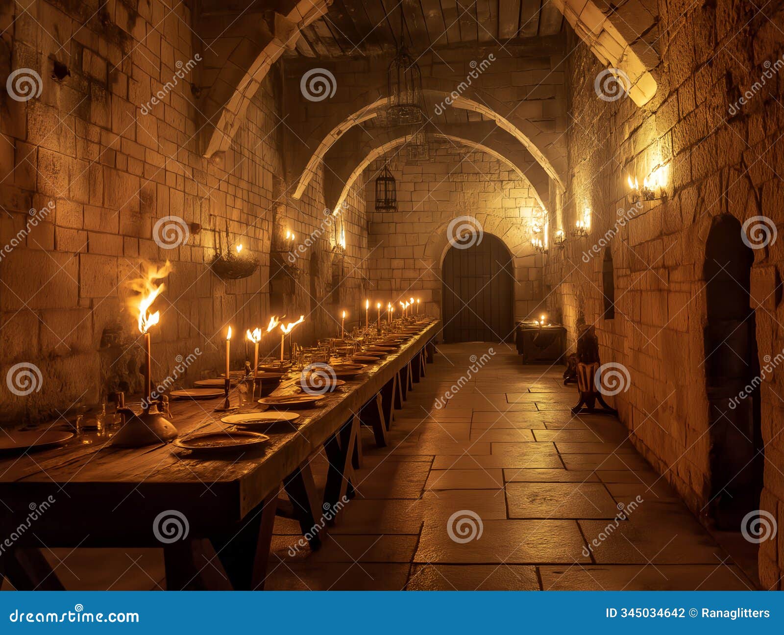 Dimly Lit Medieval Dining Hall with Long Table and Benches Stock ...
