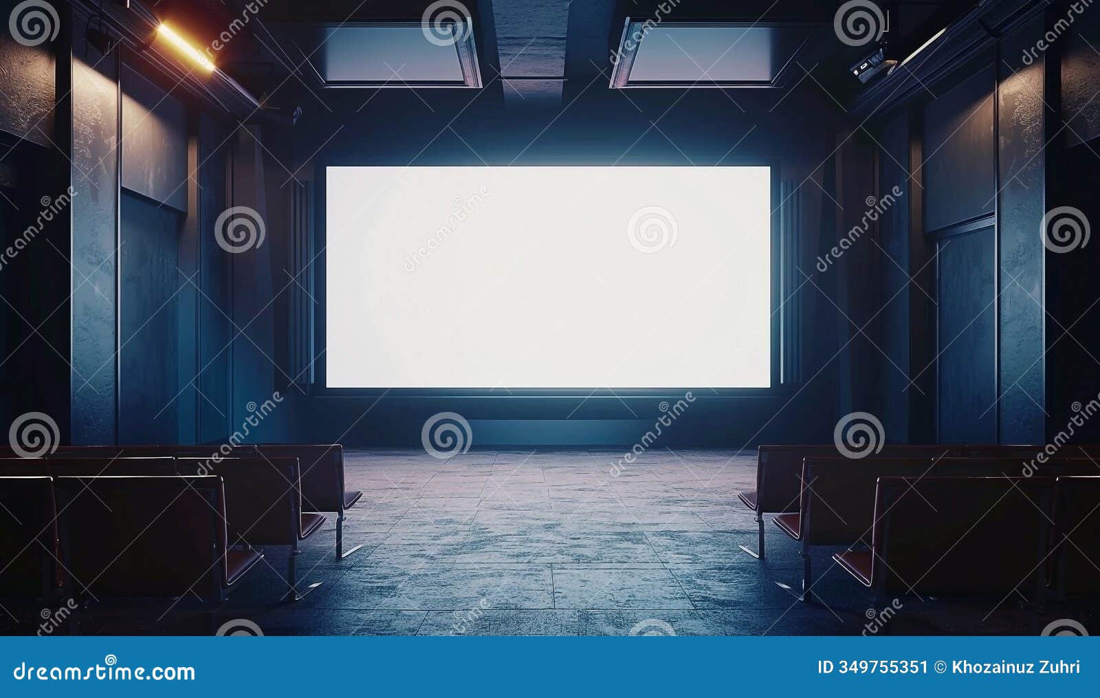 Dimly Lit Meeting Room with Blank Projector Screen and Blue Walls Stock ...