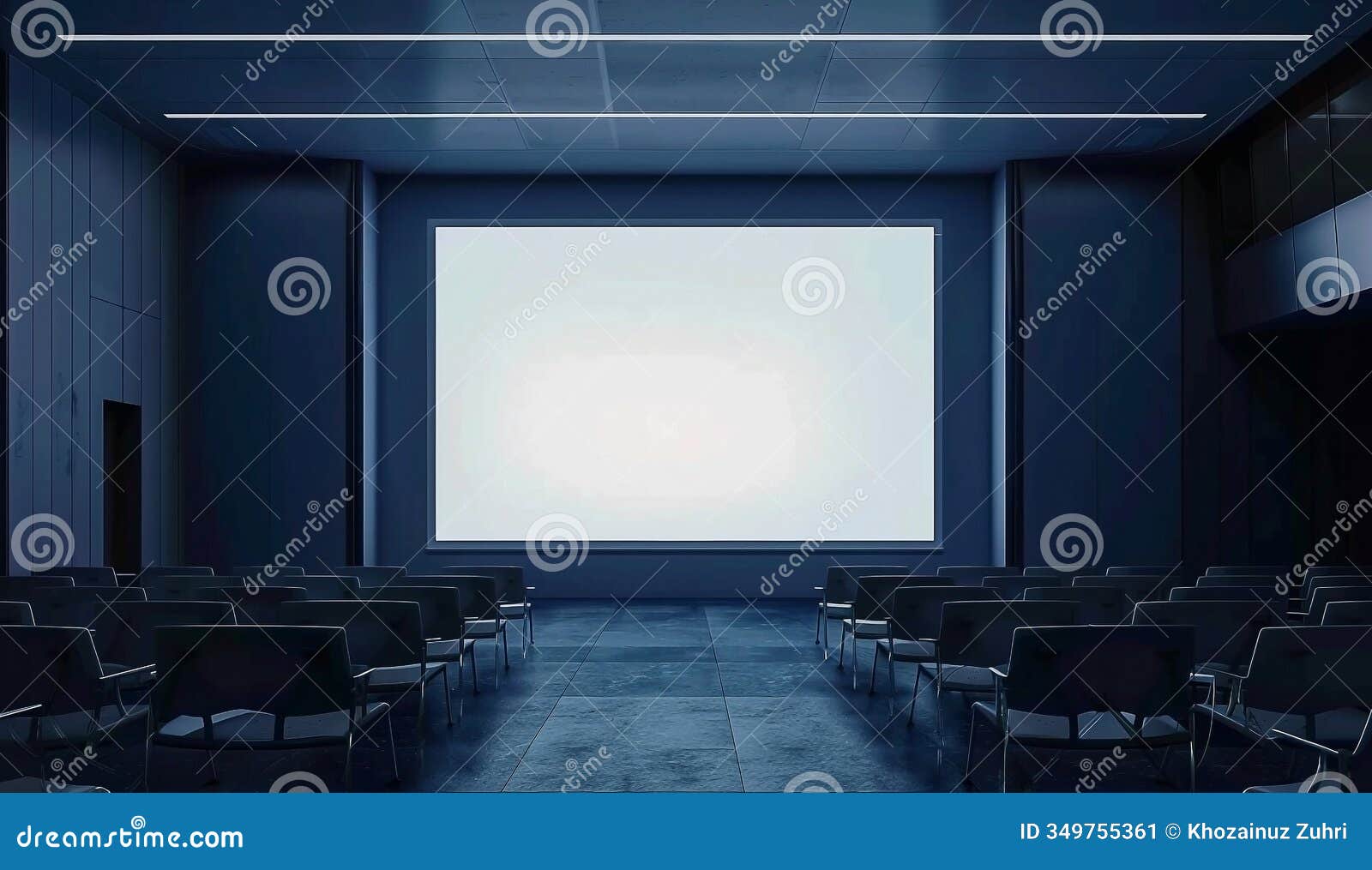 Dimly Lit Meeting Room with Blank Projector Screen and Blue Walls Stock ...