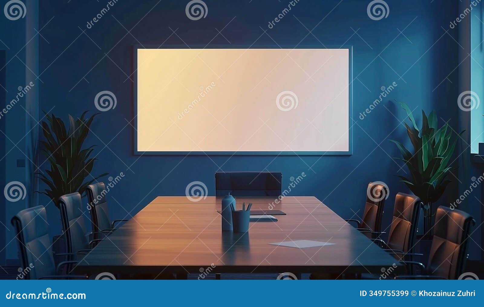 Dimly Lit Meeting Room with Blank Projector Screen and Blue Walls Stock ...