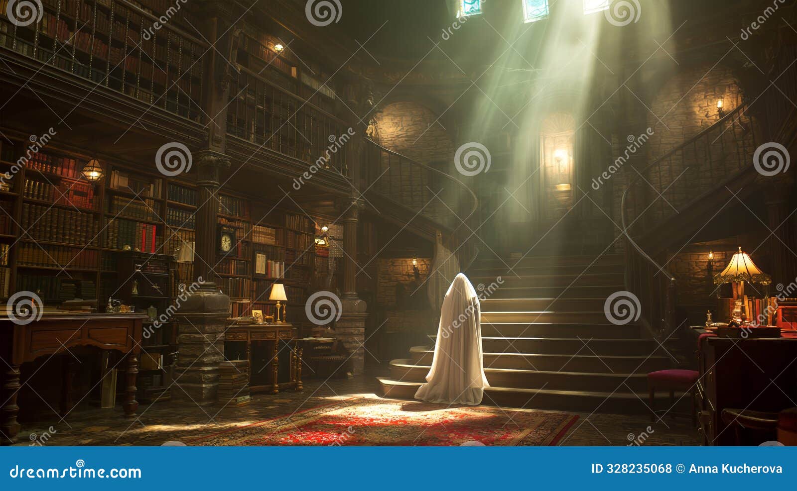 Old Library with a Ghostly White Figure on a Staircase, Mysterious and ...