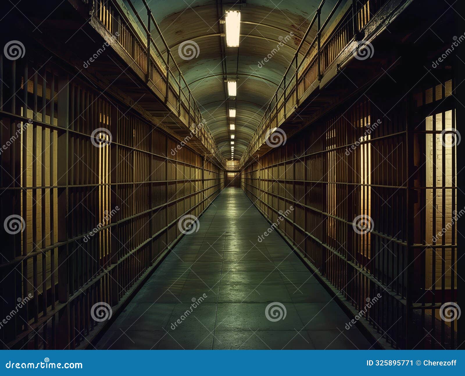 Dimly Lit Prison Corridor stock image. Image of lights - 325895771