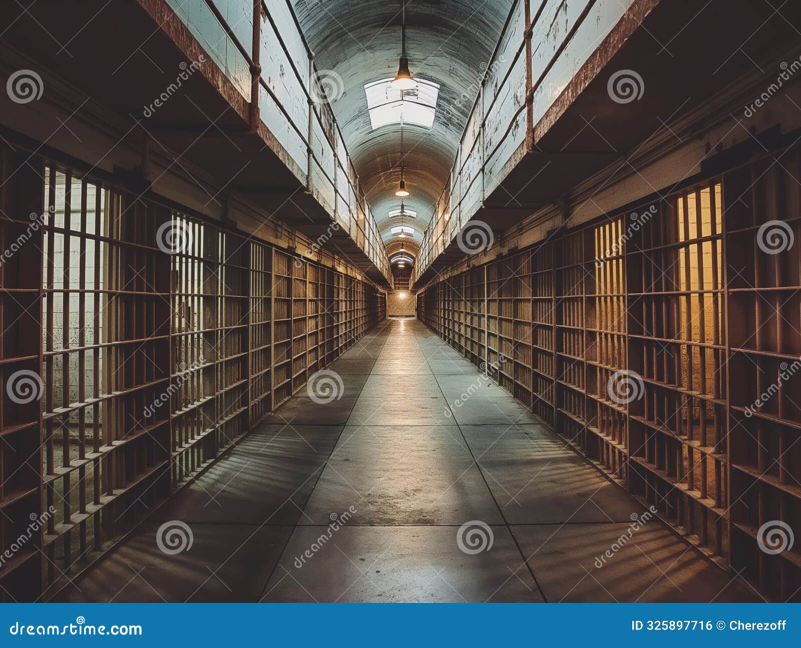 Dimly Lit Prison Corridor with Metal Bars Stock Photo - Image of ...