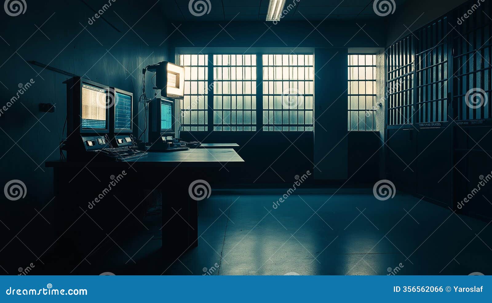 Shadowy Prison Control Center with Surveillance Screens Showing Vacant ...