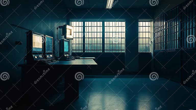 Shadowy Prison Control Center with Surveillance Screens Showing Vacant ...