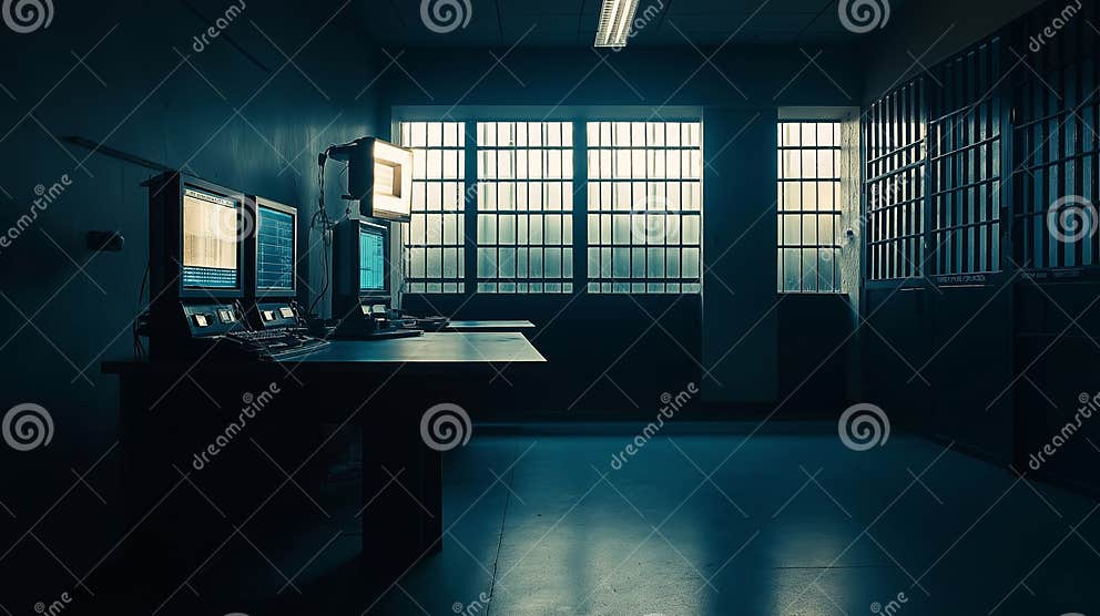 Shadowy Prison Control Center with Surveillance Screens Showing Vacant ...