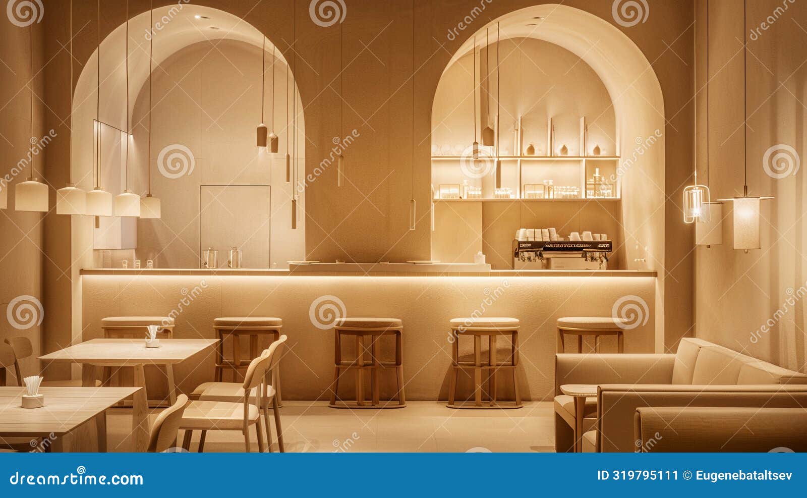 Dimly Lit Restaurant Featuring Arched Windows in Its Interior Stock ...