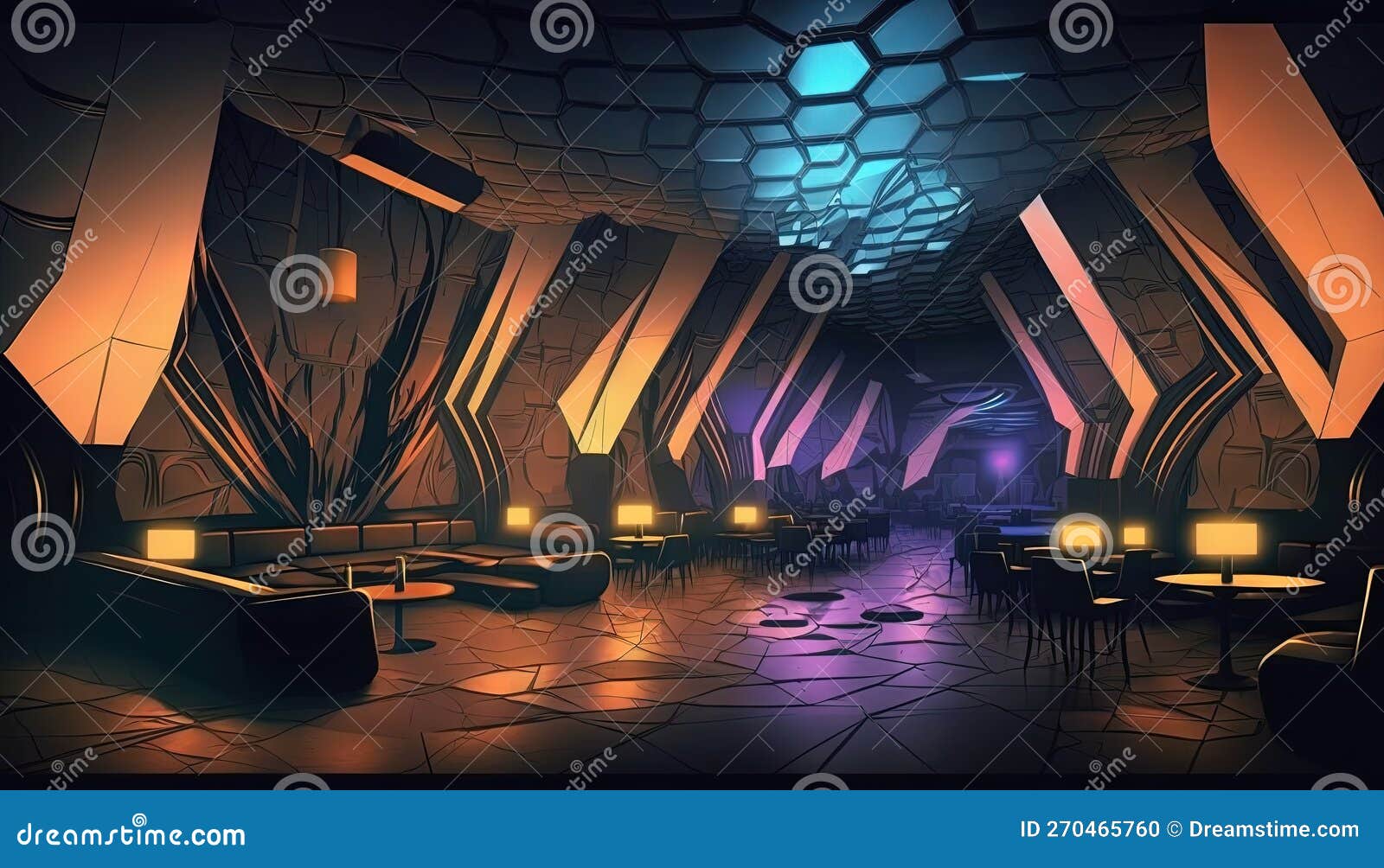 A Dimly Lit Room with Tables, Chairs, and a Ceiling with a Blue Light ...