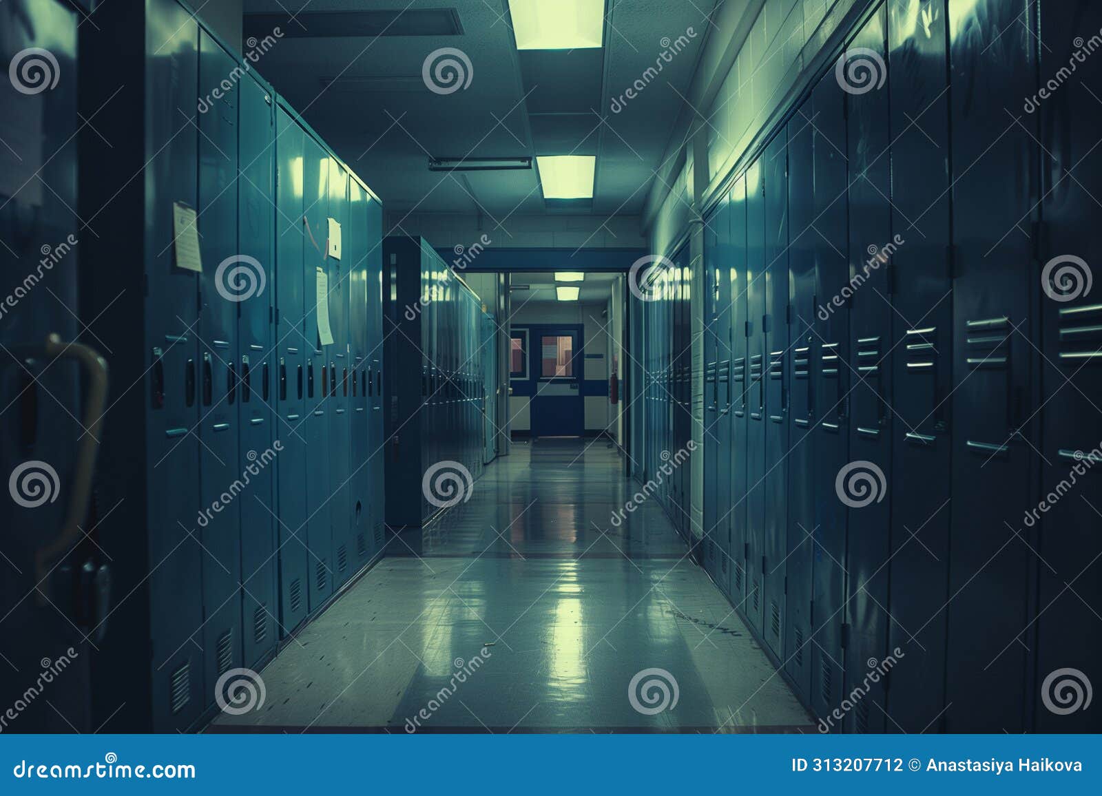 Dimly Lit School Hallway with Rows of Lockers Stock Illustration ...
