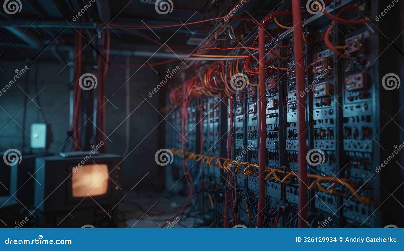 Dimly Lit Server Room with Tangled Network Cables and a Vintage Monitor ...