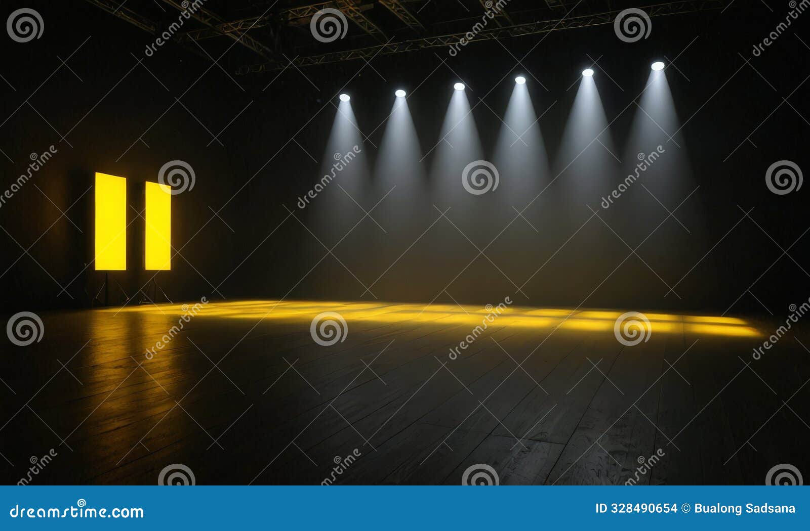 Dimly Lit Stage With Red Curtain And Single Spotlight, Creating ...
