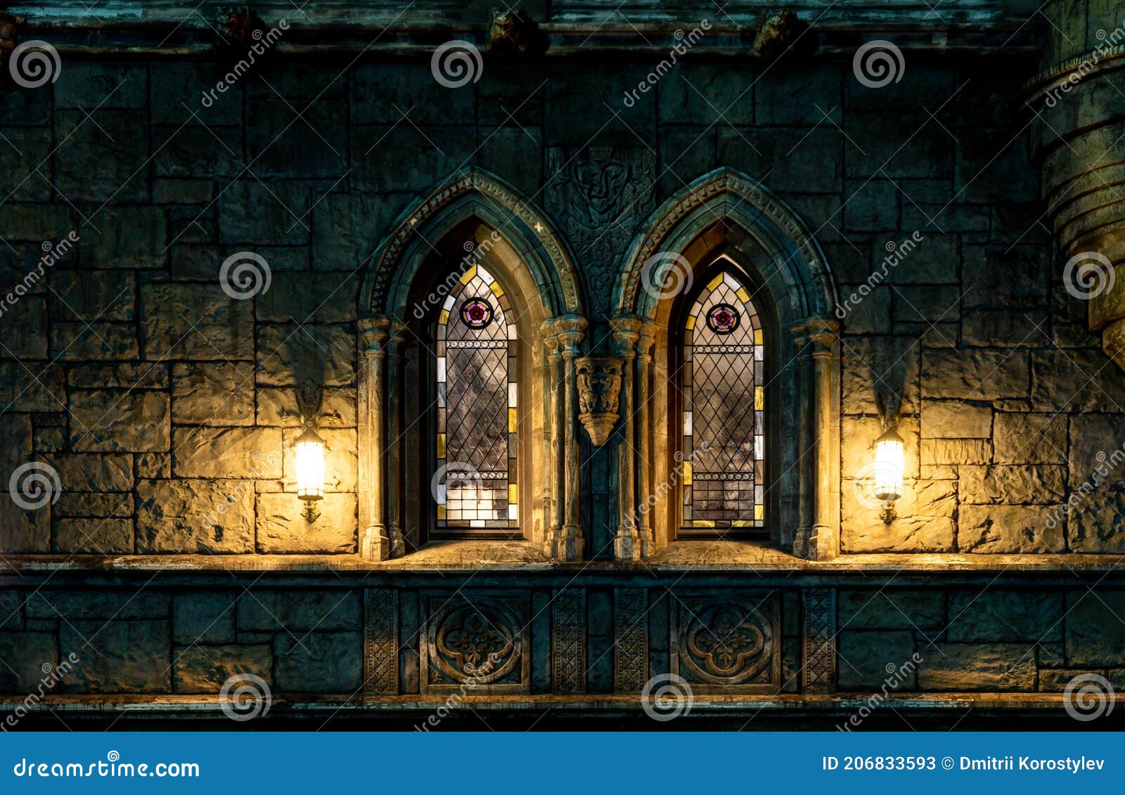 Dimly Lit Stained Glass Windows of a Stone Castle, Selective Focus ...