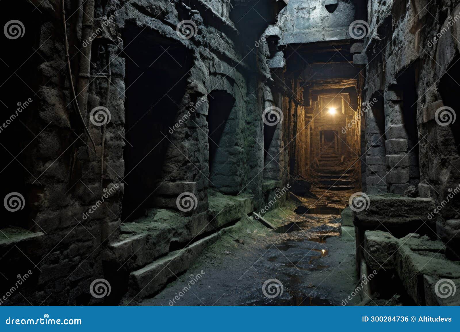 A Dimly Lit Stone Corridor in an Ancient Underground Labyrinth Stock ...