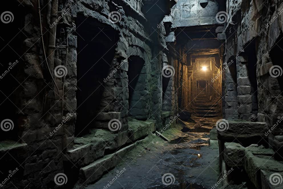 A Dimly Lit Stone Corridor in an Ancient Underground Labyrinth Stock ...
