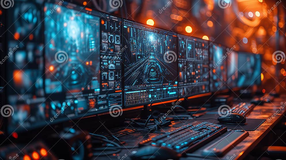 Dimly Lit Surveillance with Multiple Screens, Global Security Oversight ...