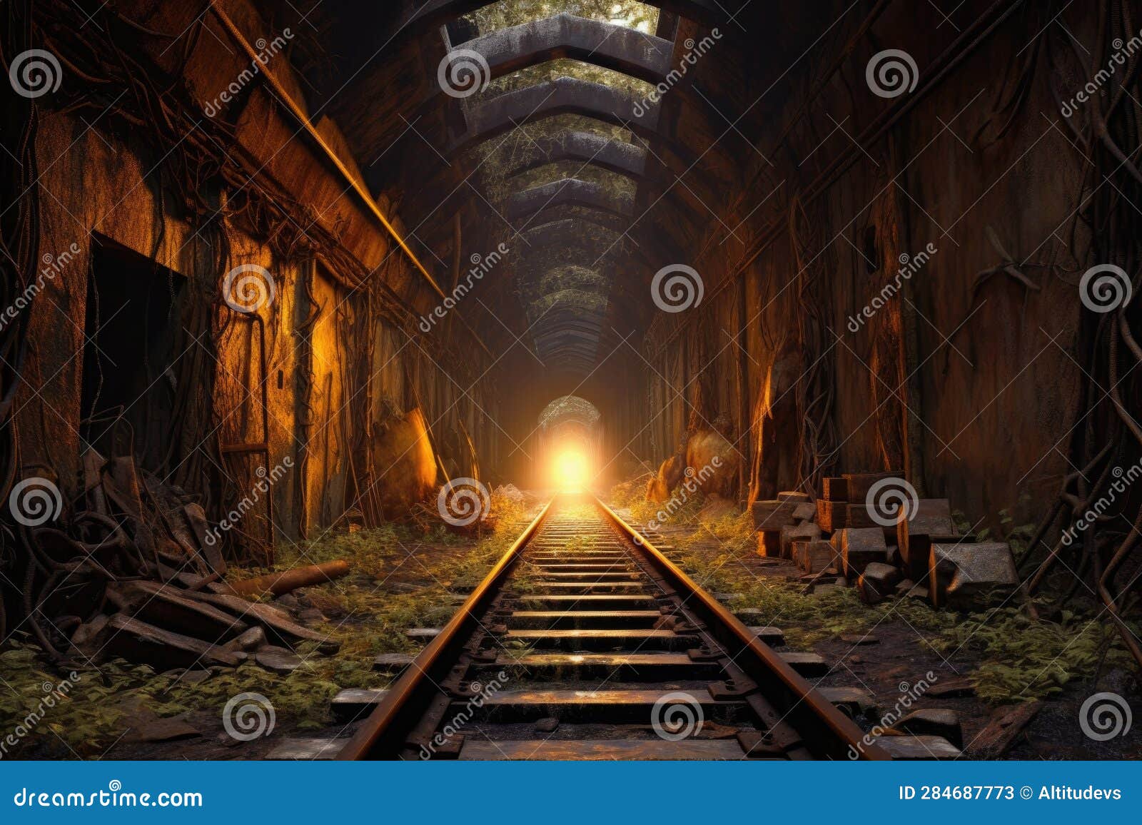 Dimly Lit Tunnel Filled With Rubble In Abandoned Mine With Creepy ...