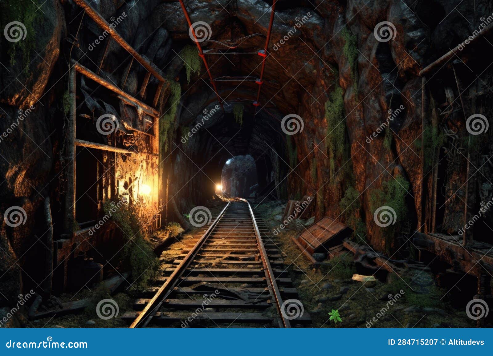 Dimly Lit Tunnel Filled With Rubble In Abandoned Mine With Creepy ...