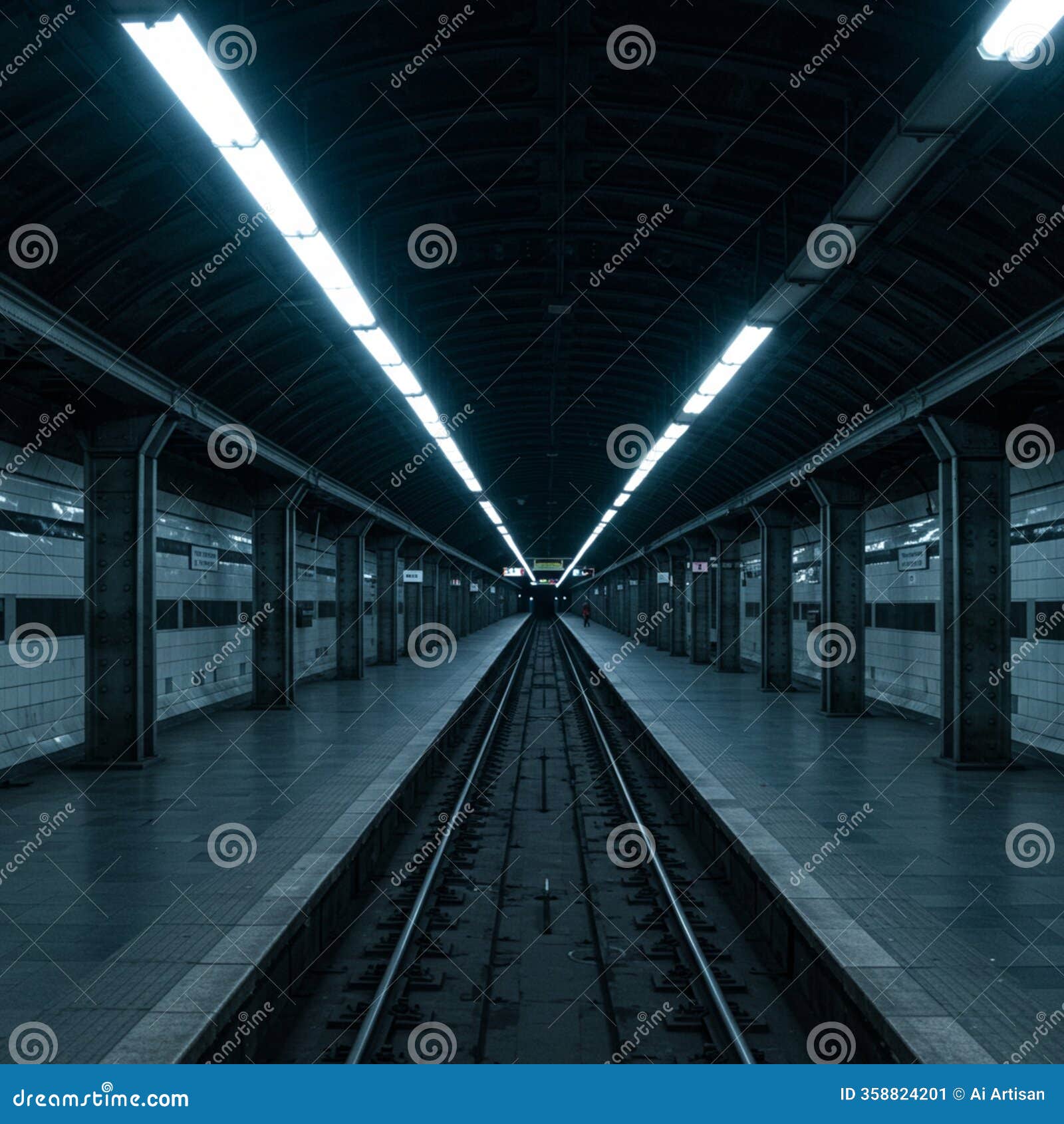 A Dimly Lit Underground Subway Station with a Central Track Running ...