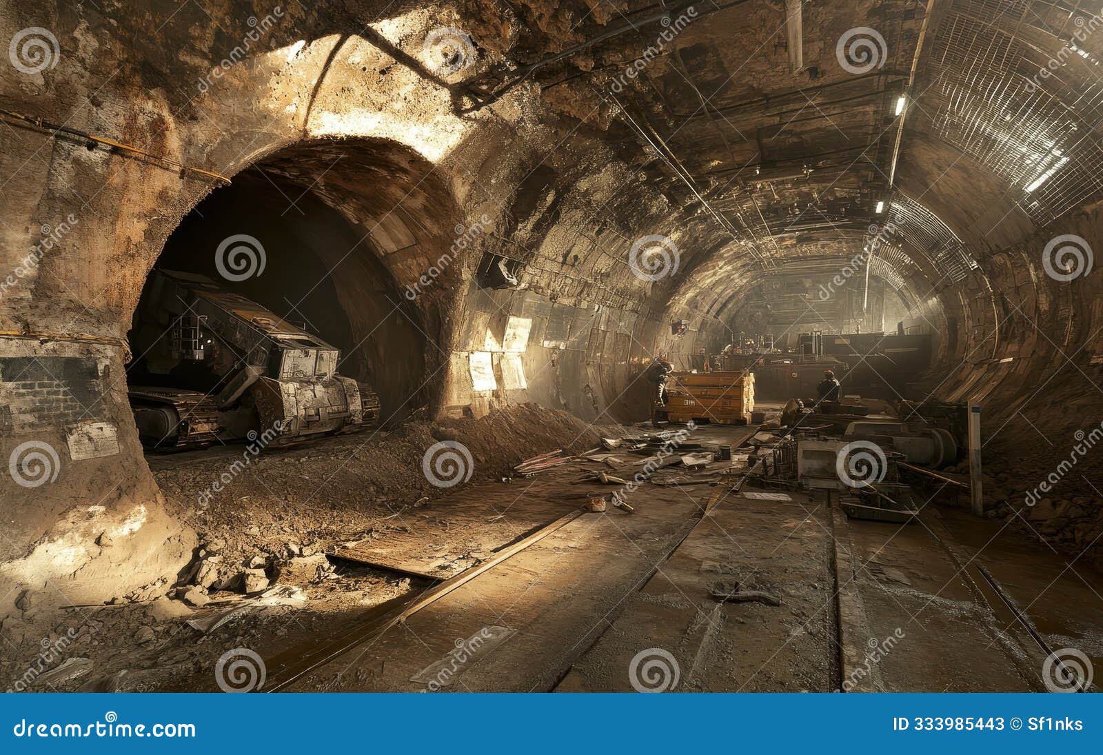 Dimly Lit Underground Tunnel Under Construction with Heavy Machinery ...