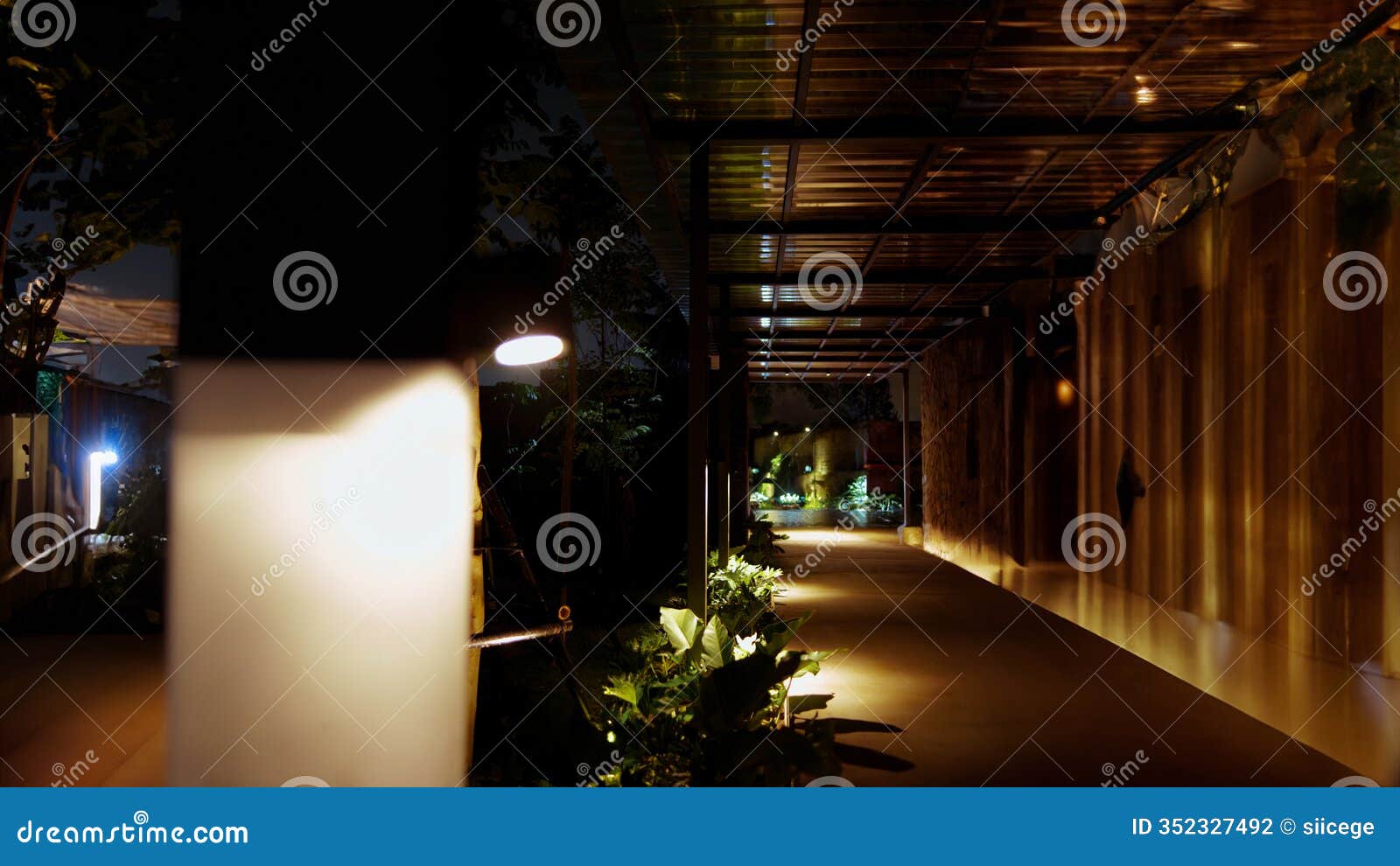 A Dimly Lit Walkway at Night with Plants and Flickering Light Stock ...