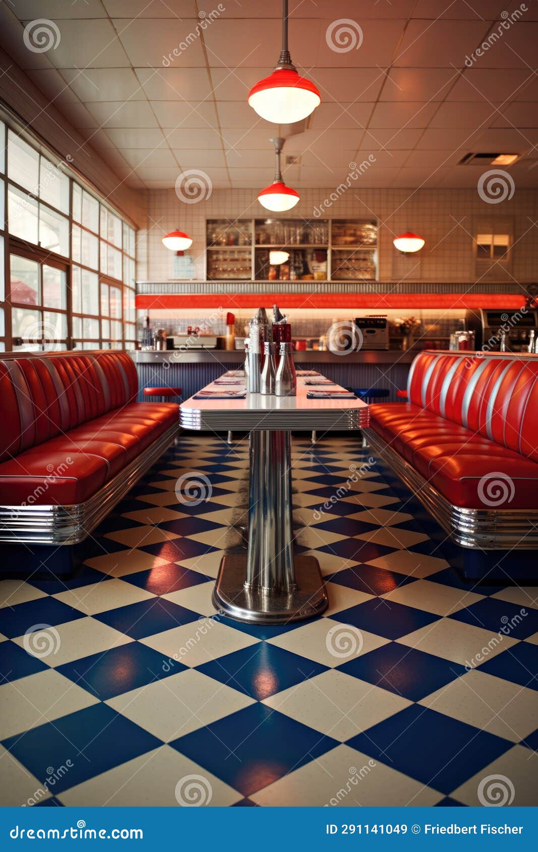 A Diner with a Checkered Floor and Red Booths. Stock Image - Image of ...
