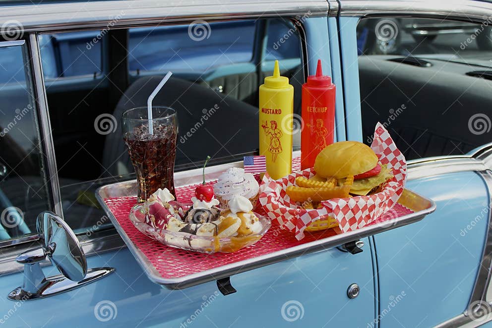 Diner tray on old car stock photo. Image of drivein, cola - 38258898