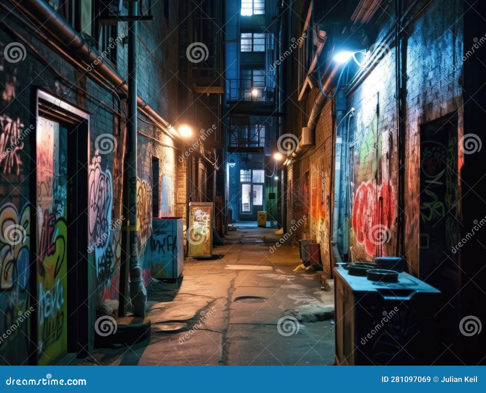 Graffiticovered Alley with Neon Lights Stock Illustration ...