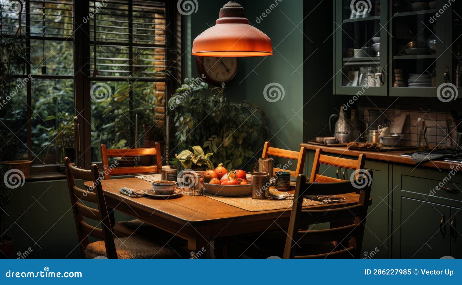 A Dining Area in a Dimly Lit Kitchen Corner. Generative AI. Stock Image ... A Dining Area in a Dimly Lit Kitchen Corner. Generative AI. Stock Image ...