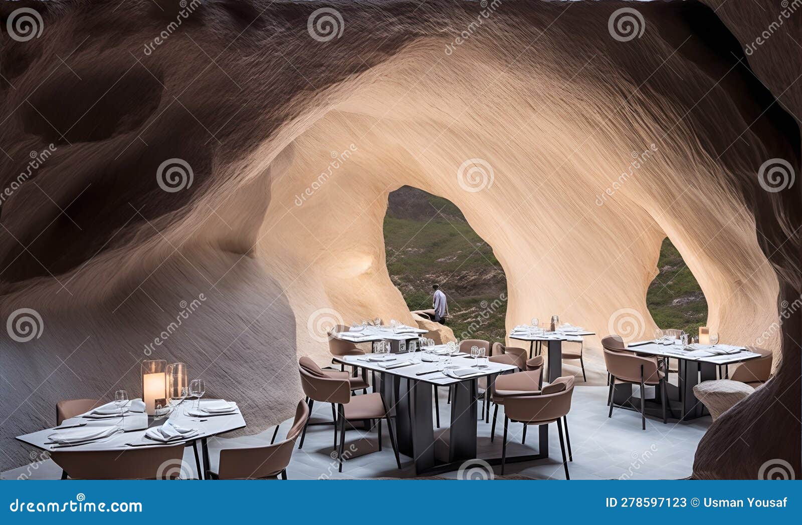 A Dining Area with Tables and Chairs in a Cave Created with Generative ...