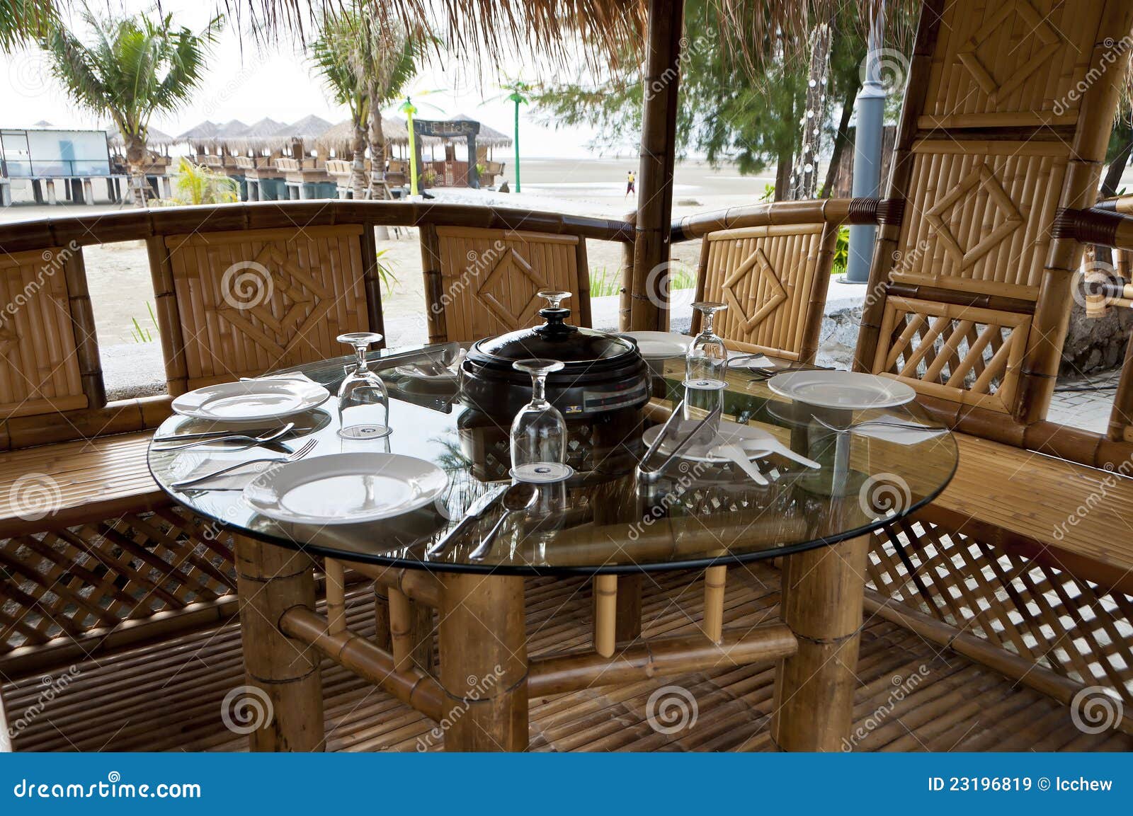 Dining in Bamboo Hut at Beach Side Stock Image - Image of table ...