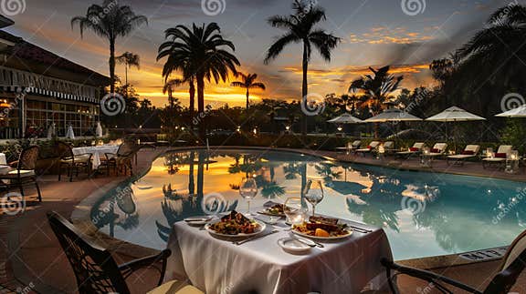 Dining at Poolside during Sunset Stock Illustration - Illustration of ...