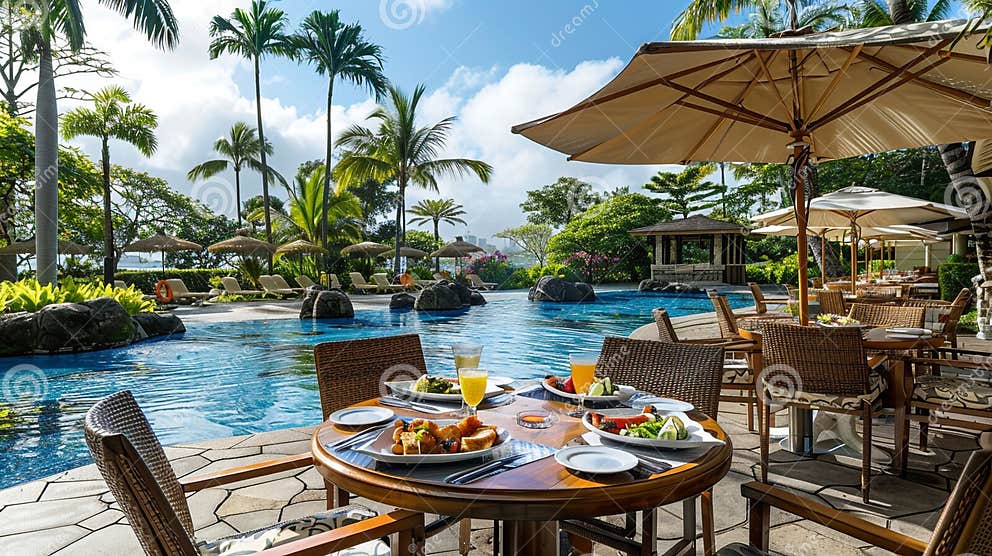 Dining at Poolside during Sunset Stock Illustration - Illustration of ...