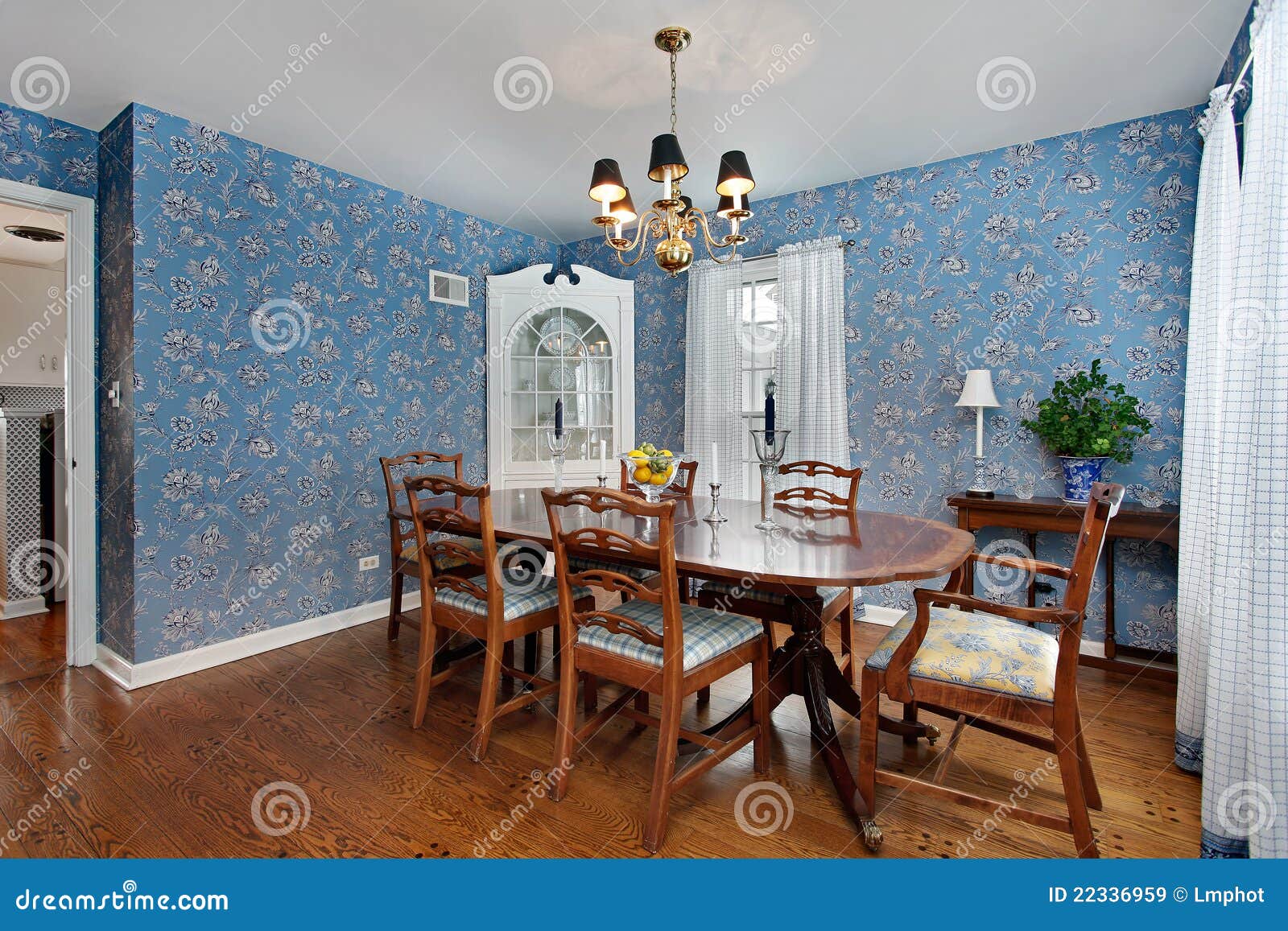 Dining Room with Blue Wallpaper Stock Image - Image of dining, dinner ...