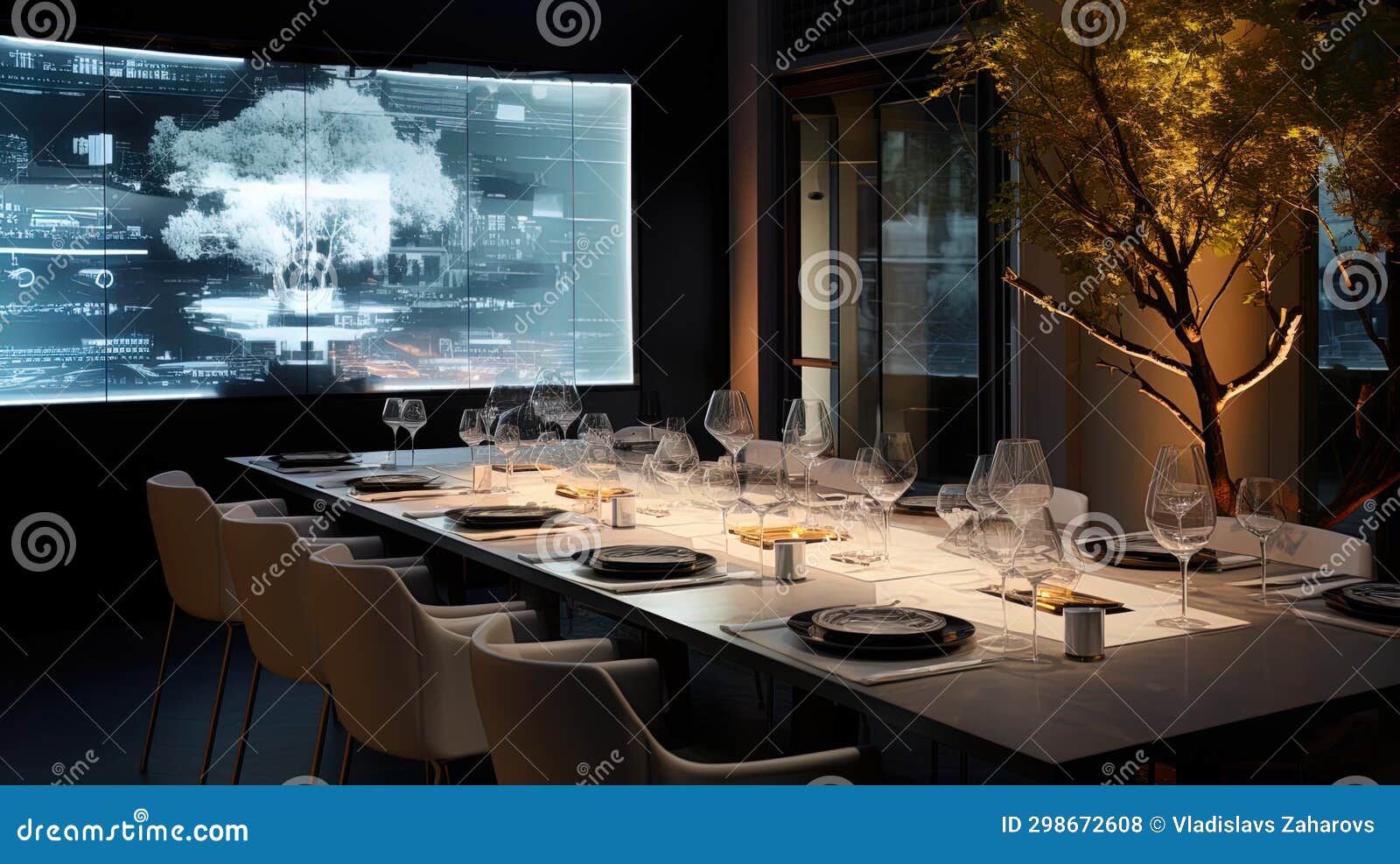 Dining Room with an Interactive Projector on the Table, Electronic Menu ...