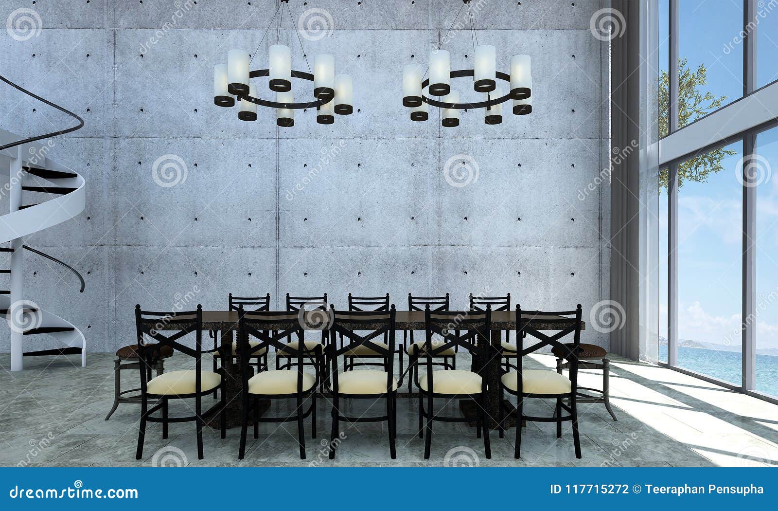 The Dining Room Interior Design and Concrete Wall Pattern Background ...