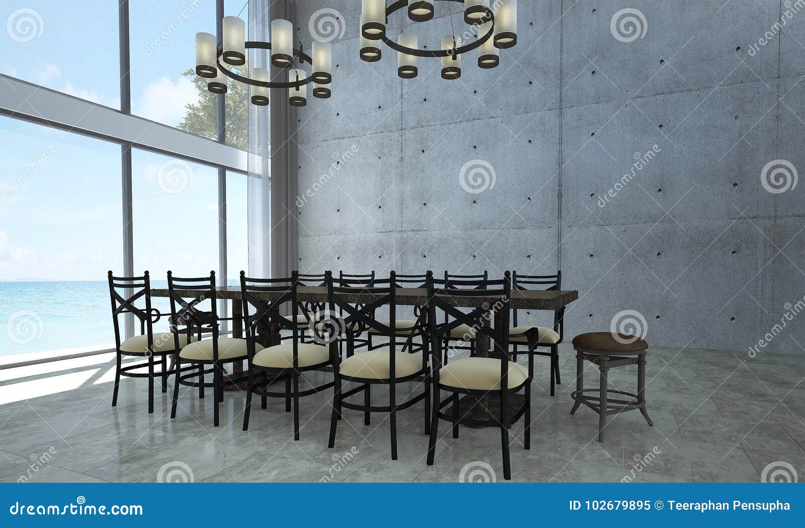 The Dining Room Interior Design and Concrete Wall Texture Background ...