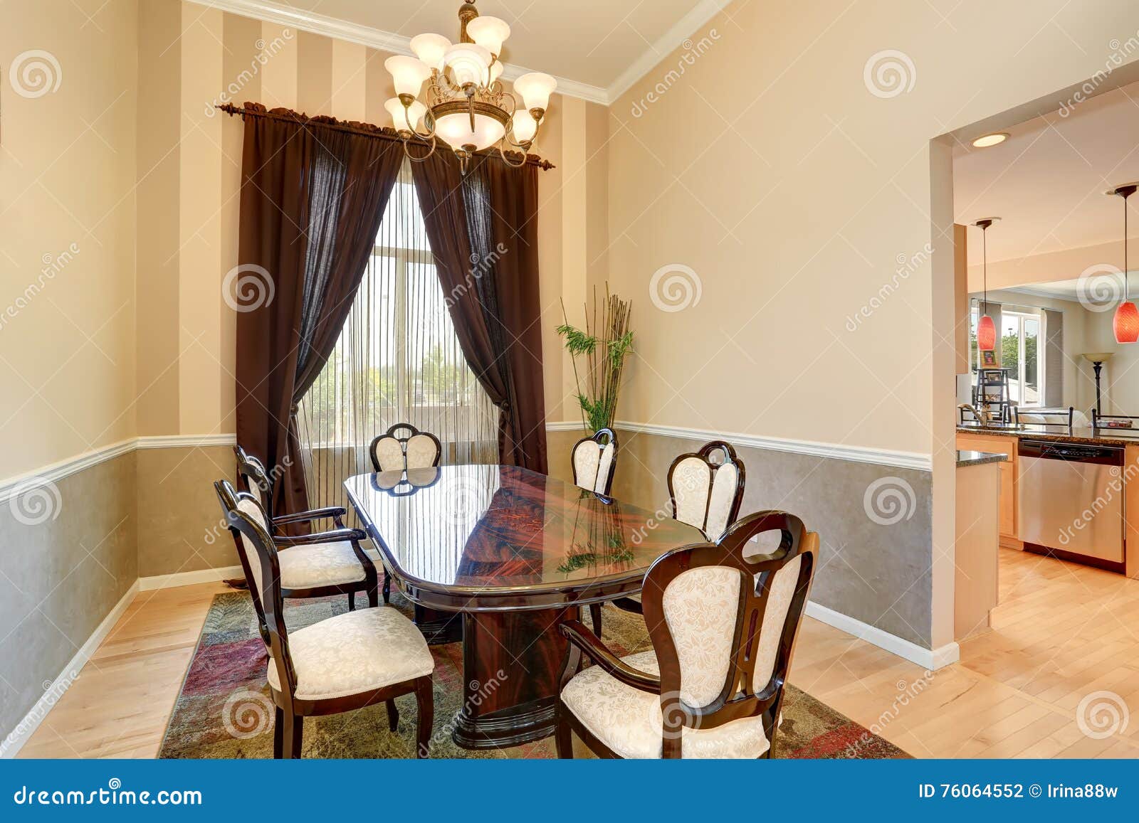 Dining Room Interior with Nice Table Set and Brown Curtains Stock Photo ...
